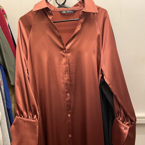 Zara | Dresses | Elegant Midi Silky Dress In Deep Rust Color Classy And ...